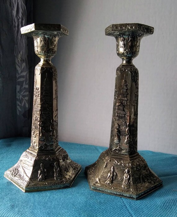 Vintage Silverplate Japan Repousse Asian Japanese Candle | Etsy