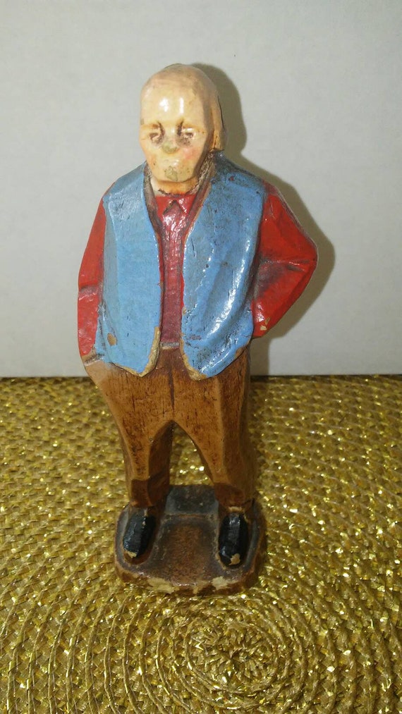 Antique Wooden Carved Old Man in Blue Vest | Etsy