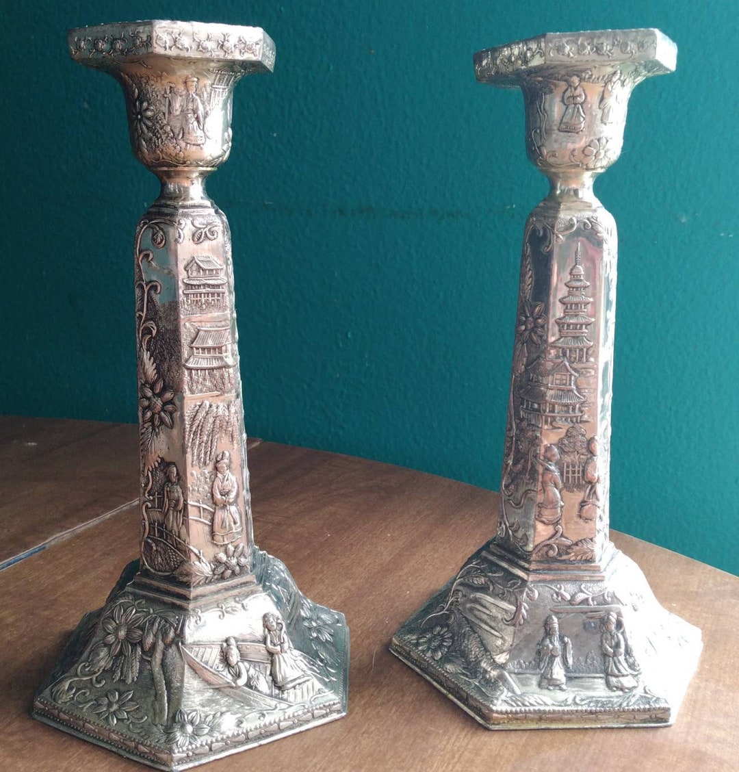 Vintage Silverplate Japan Repousse Asian Japanese Candle Holders People ...