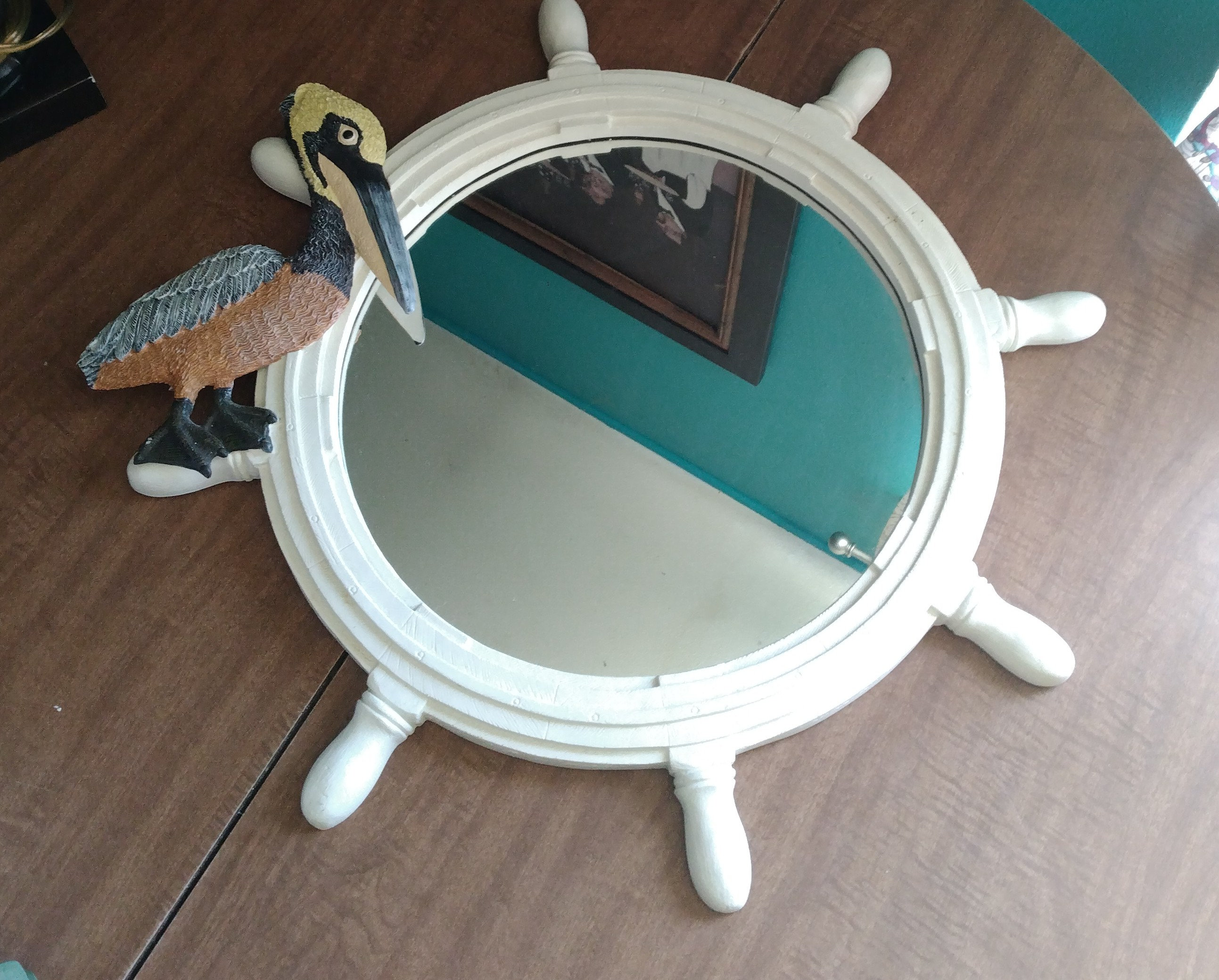Vintage Wooden Captains Wheel Mirror Pelican Accent - Etsy