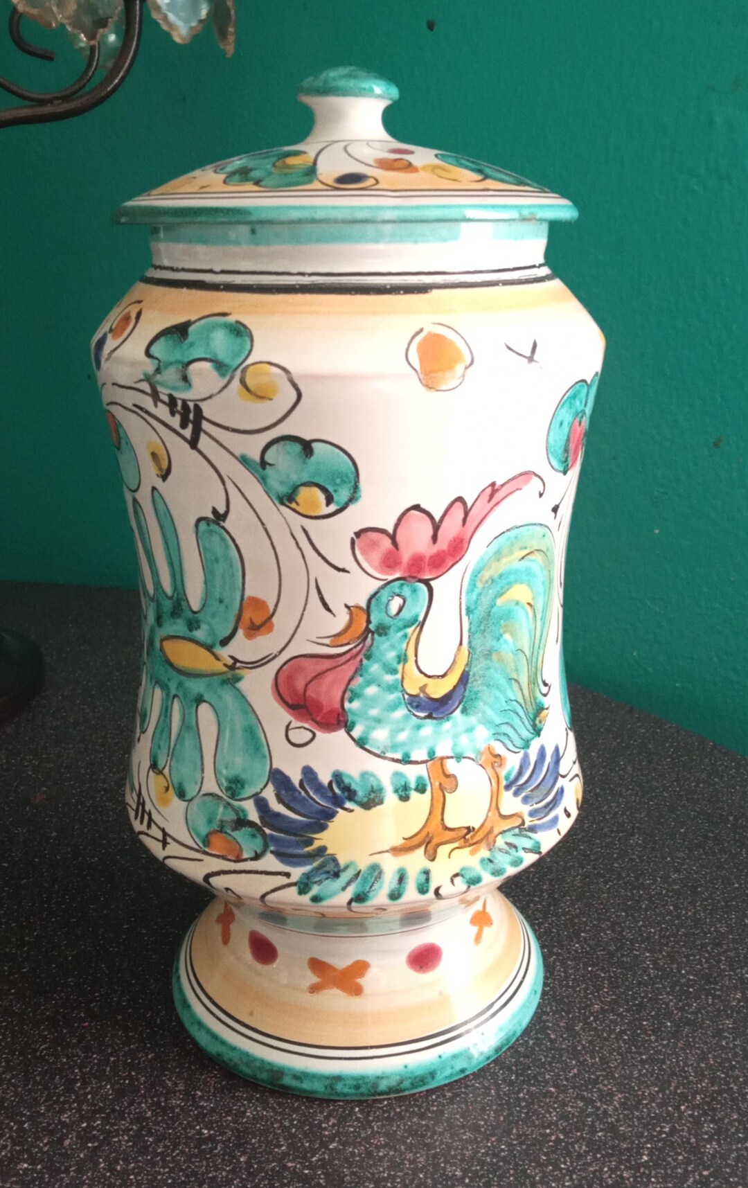 Deruta Orvieto Green Rooster Italy Ginger Jar Lidded Cannister Italian ...