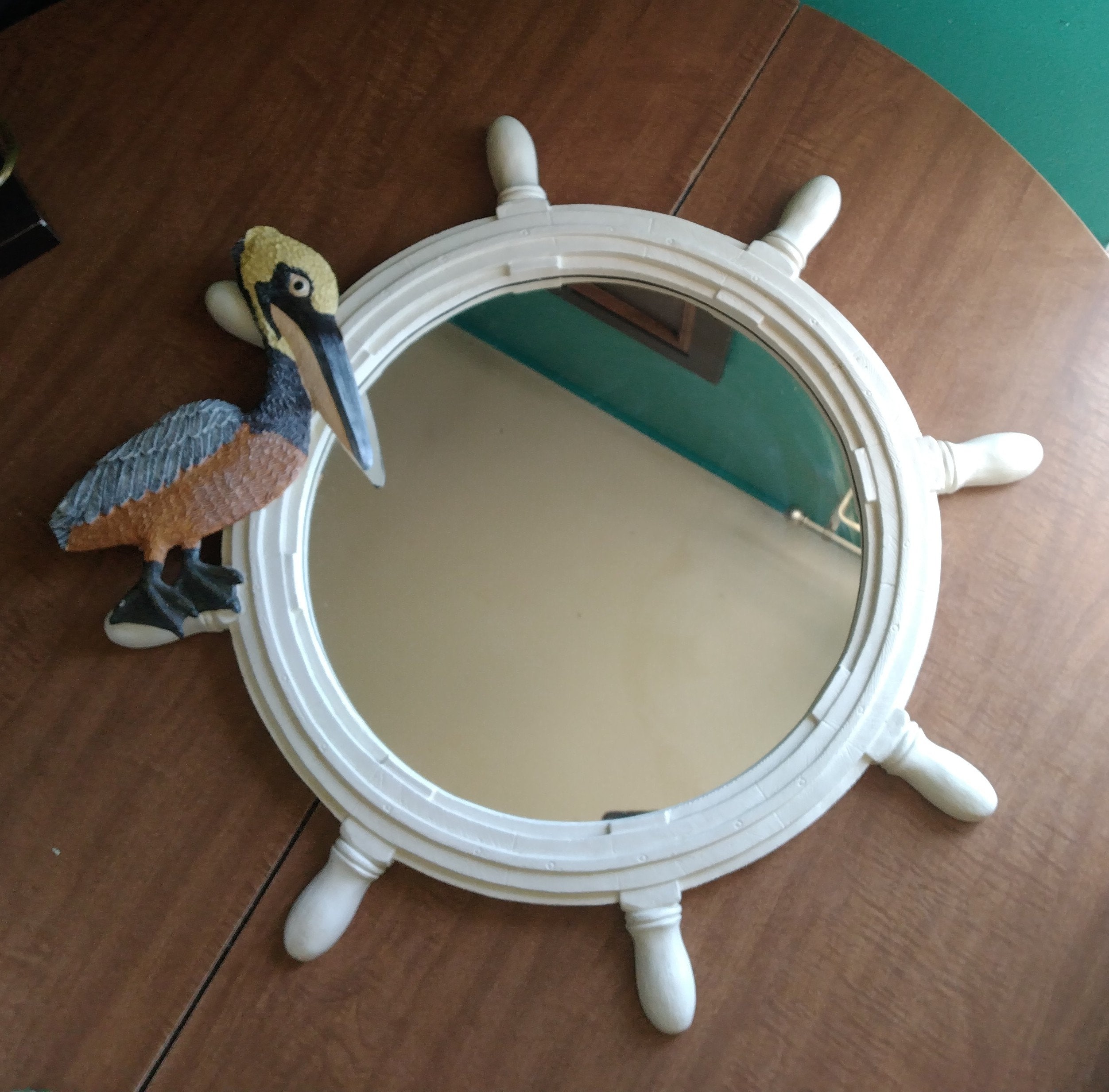 Vintage Wooden Captains Wheel Mirror Pelican Accent - Etsy