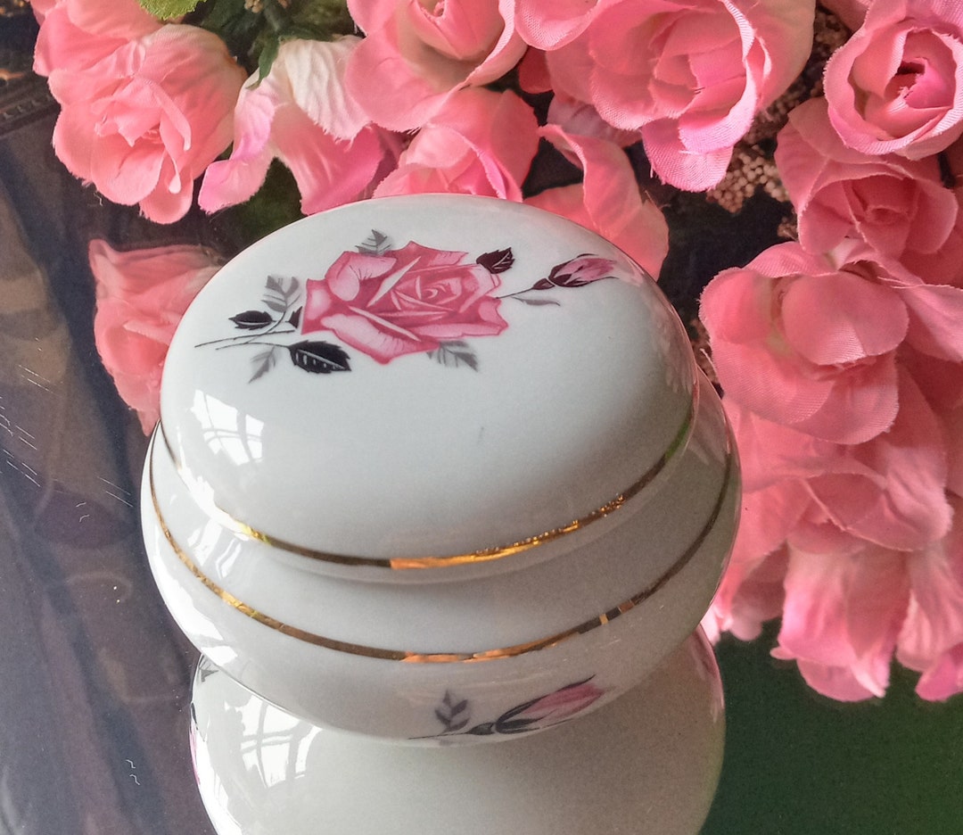 Royal Bavarian Pink Rose China Trinket Box Lidded Round Porcelain Rose ...