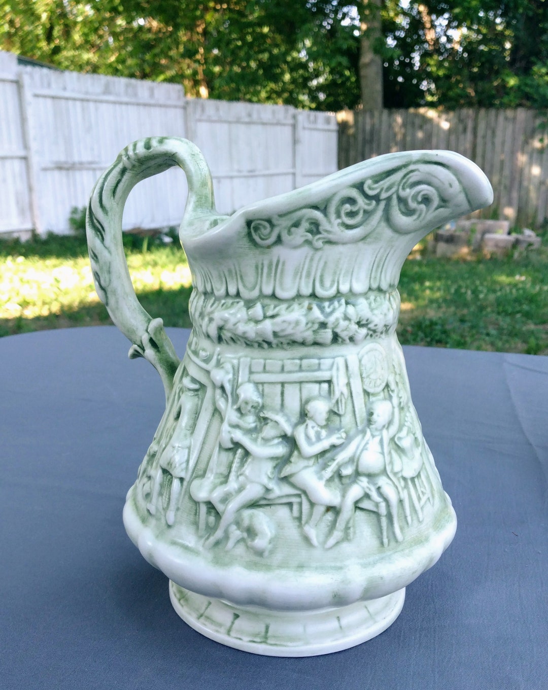 Antique Ridgeway Scene Witch's Pursuit Pottery Pitcher Tom Oshanty ...