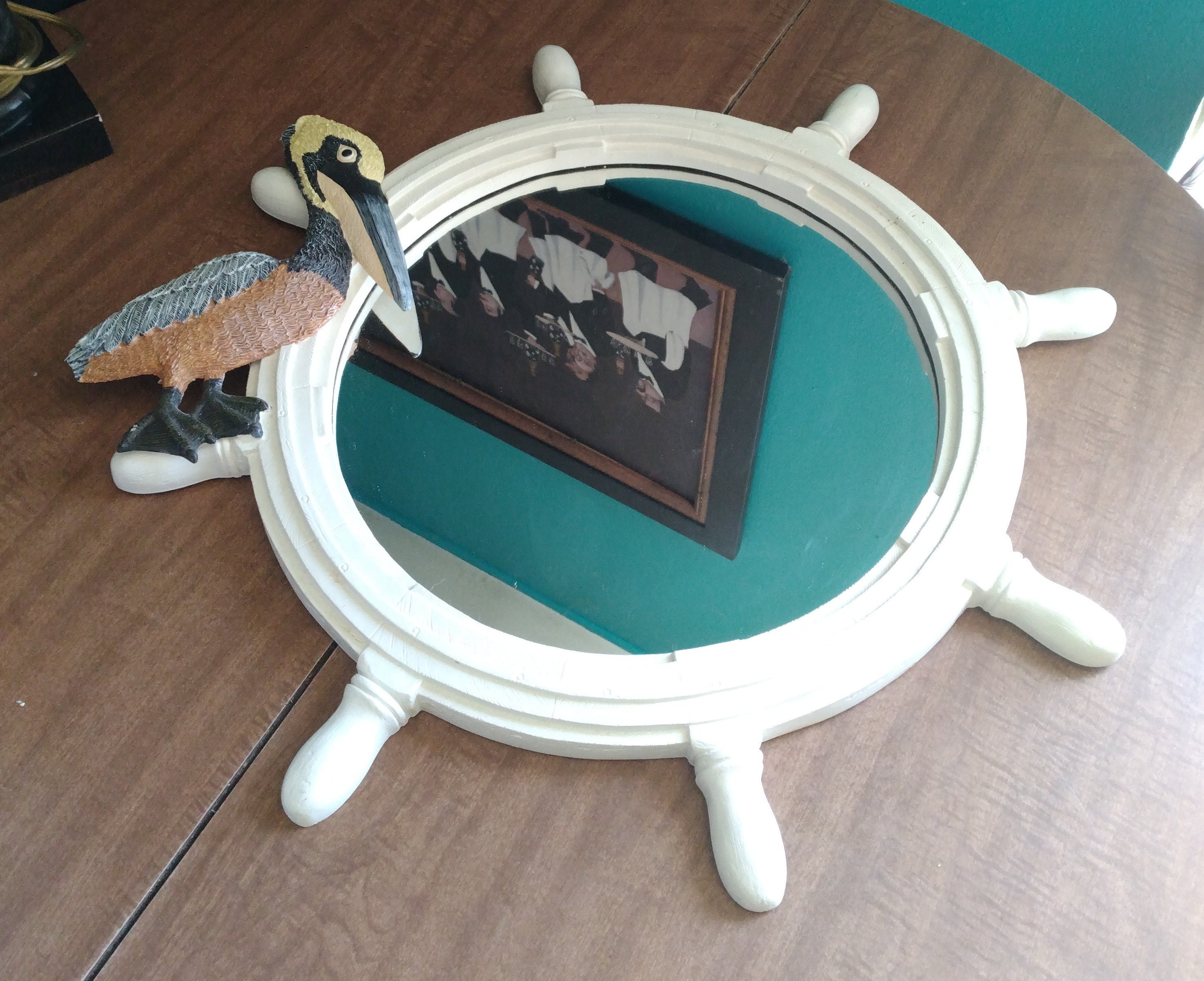 Vintage Wooden Captains Wheel Mirror Pelican Accent - Etsy