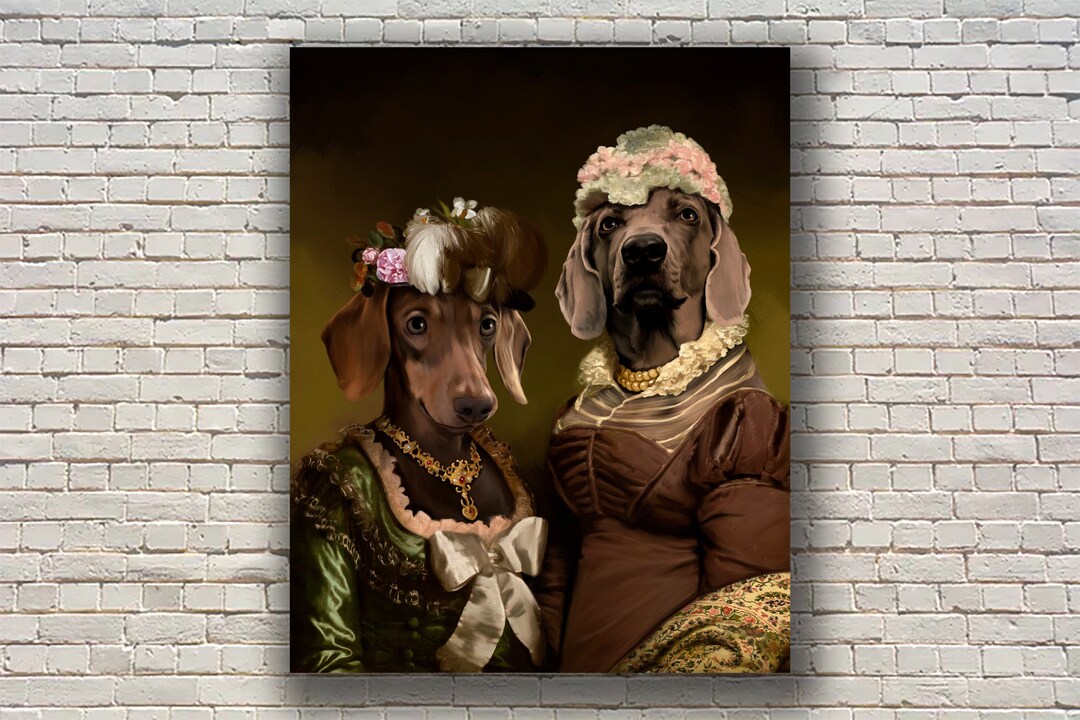 Two Dogs Portrait, Two Lady Pets, Custom Pet Portrait, Royal Dog ...