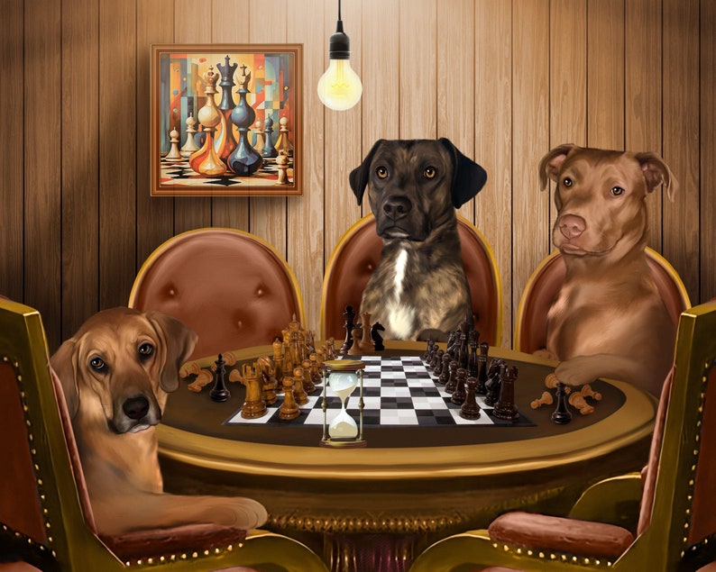 Custom Pet Portrait, Dogs Playing Chess, Funny Pet Lover Gift ...