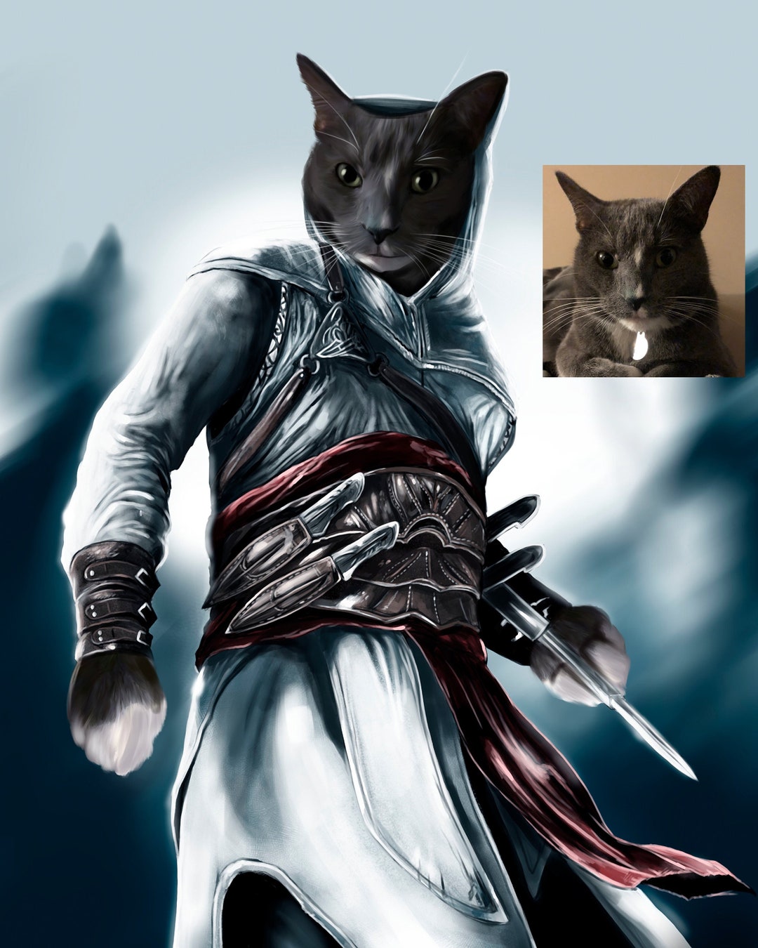 Custom Cat Portrait, Assassin Cat Art, Video Games Hero Pet Portrait ...