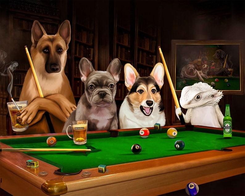 Dogs Playing Billiards Funny Pet Portrait Billiards Lover - Etsy