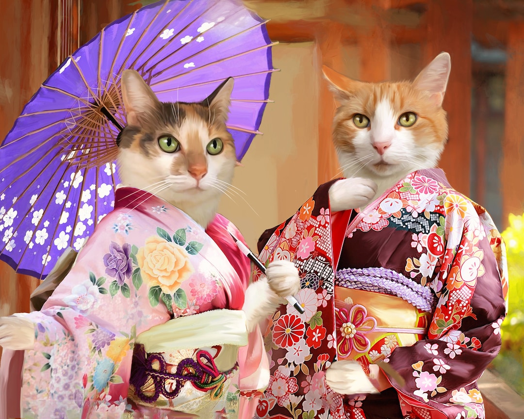 Geisha Couple Cat Portrait, Japanese Cat Art, Custom Royal Pet Portrait ...