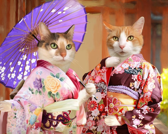 Geisha Couple Cat Portrait Japanese Cat Art Custom Royal Pet - Etsy
