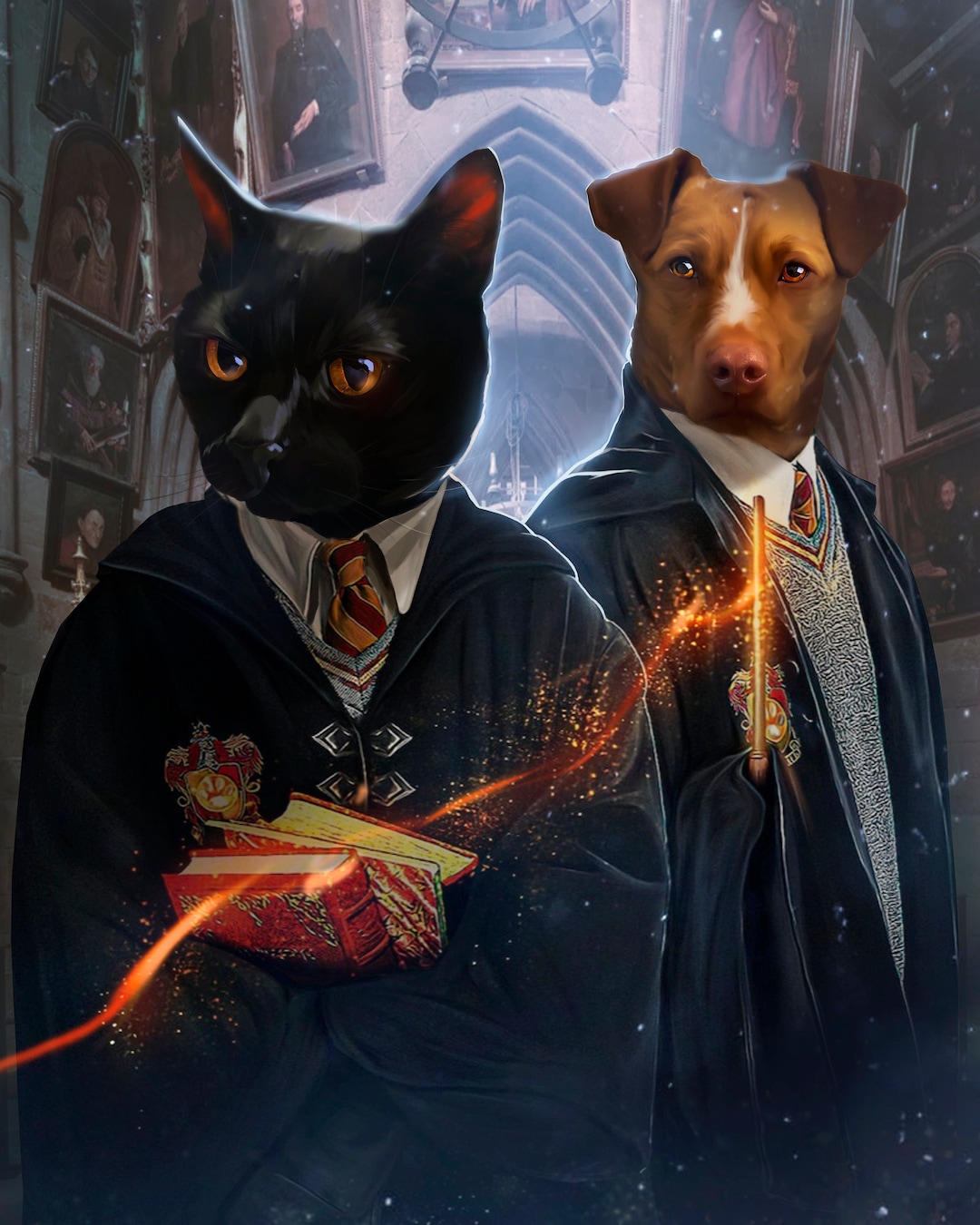 Custom Cat and Dog Wizards Portrait, School of Magic Pet Portrait ...