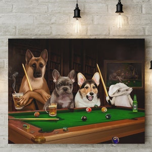 Dogs Playing Billiards, Funny Pet Portrait, Billiards Lover Gift, Pets ...