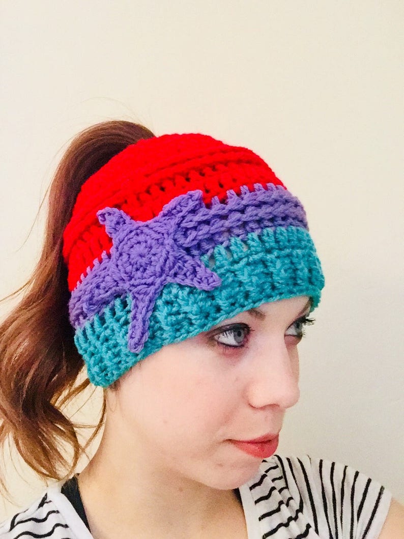 Little Mermaid Inspired Beanie, Messy Bun Beanie, Princess Beanie - Etsy