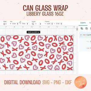 XO Hearts Pattern Libbey Glass SVG, Valentine Glass Can SVG, Full Wrap ...