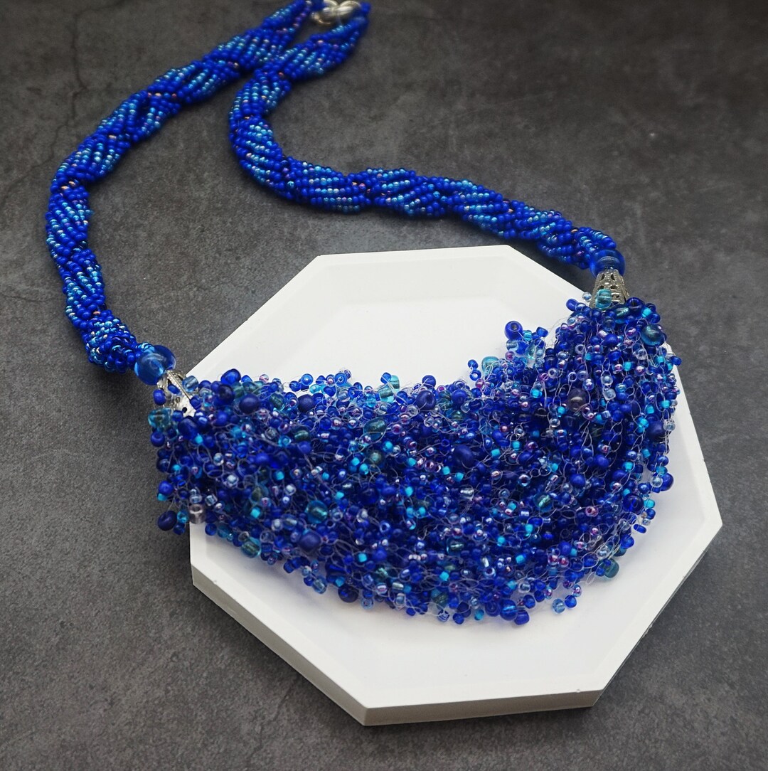 Deep Blue Handmade Beaded Boho Air Necklace - Elegant Seed Bead Rope ...