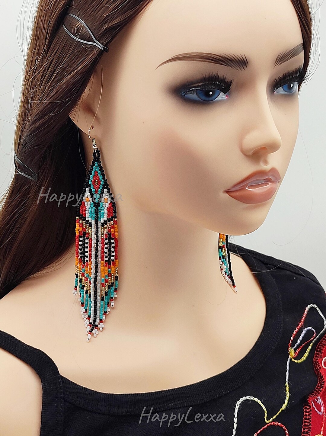 Beaded Earrings, Tribal Native Style Jewelry, Long Fringe Bohemian ...