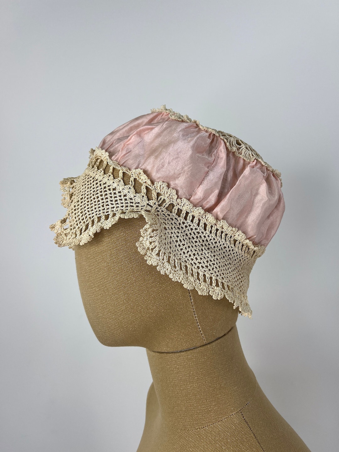 Vintage Early 20th Century Bed Cap of Pink Silk and Beige Crochet Lace ...