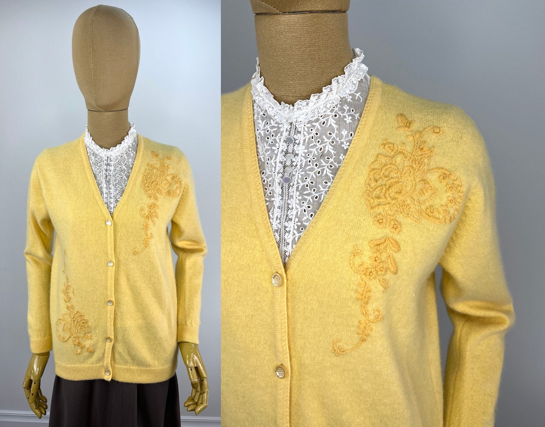 Vintage Canary Yellow Cashmere Cardigan With Floral Yarn Embroidery - Etsy