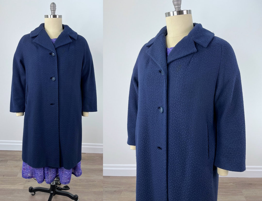 Vintage Late 1950s/ Early 1960s Navy Blue Textured Wool Overcoat - Etsy