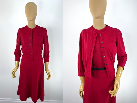 Vintage 1950s Red Wool Dress and Jacket Set by Chanel… - Gem