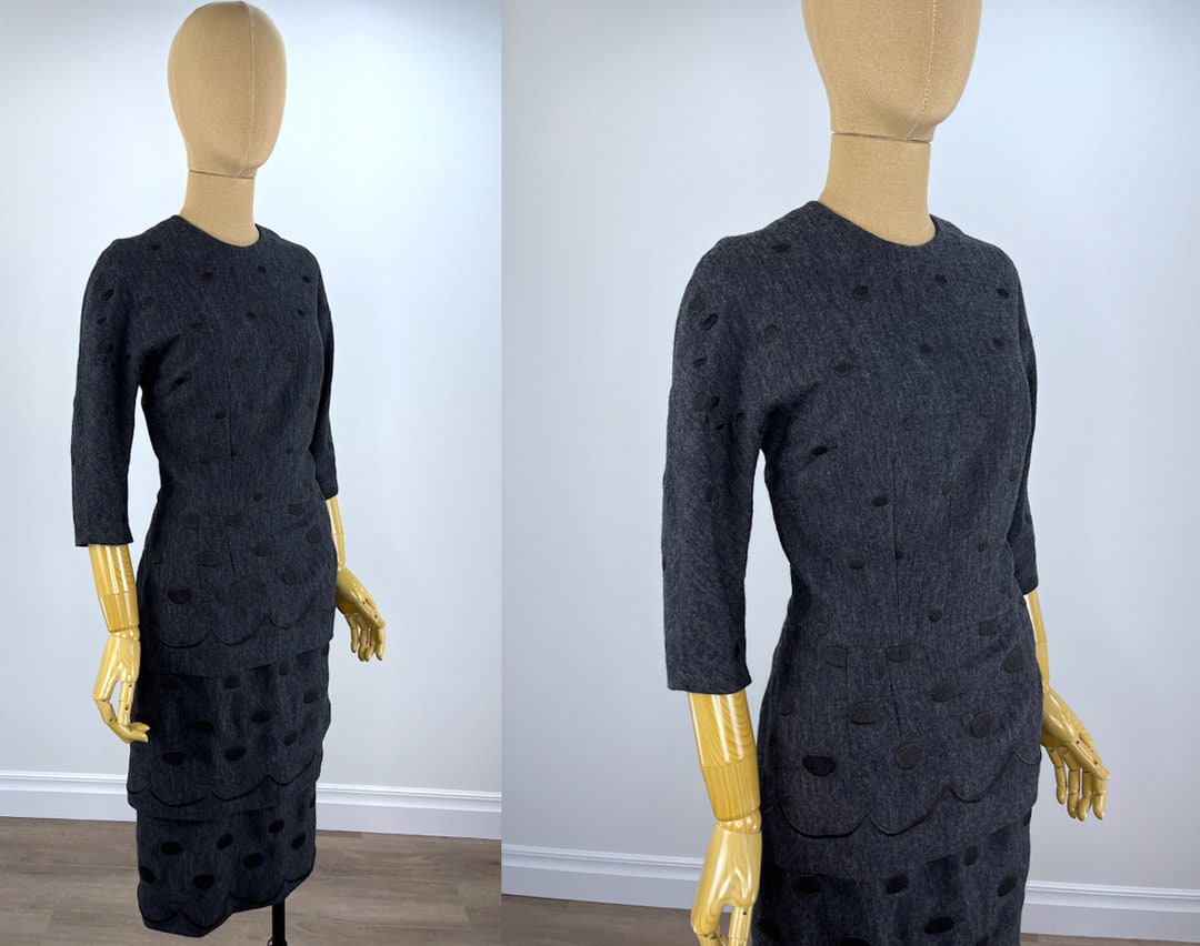 Vintage 1950s Charcoal Wool Secretary Dress With Tiered Skirt and ...