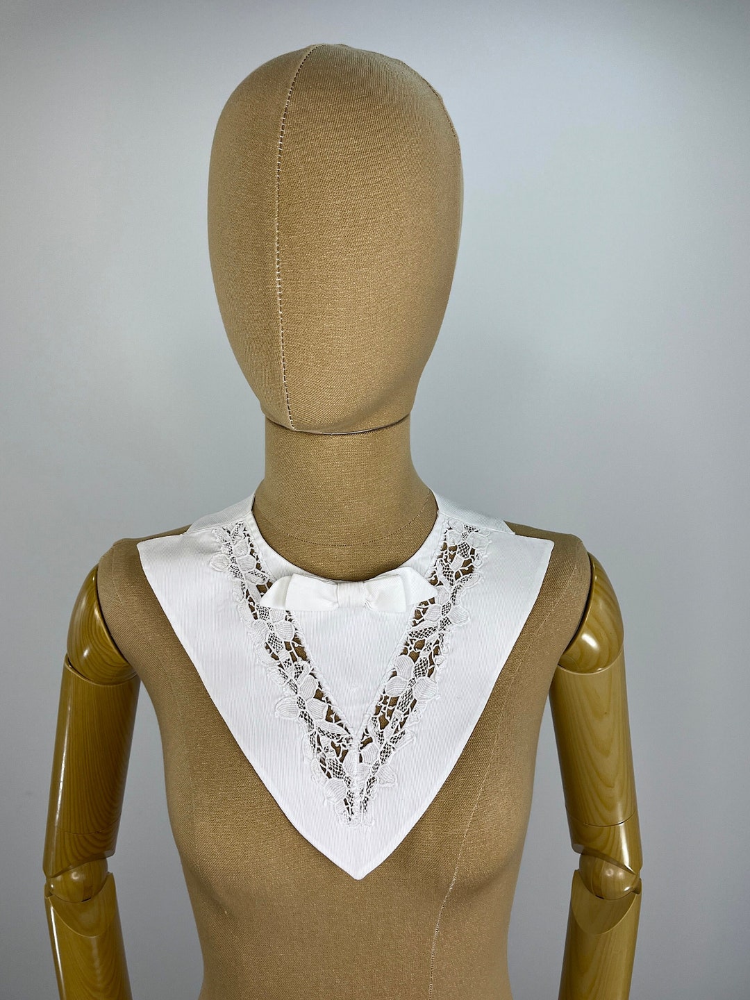Vintage 1950s White Cotton Dickie Collar With Lace Inset and Bow, Snap ...