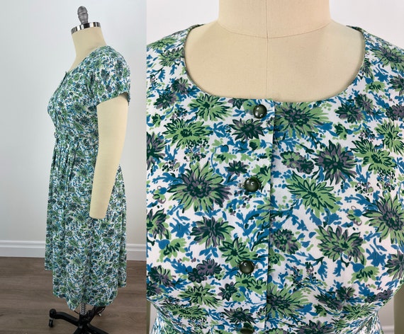 Vintage Late 1950s/Early 1960s Blue and Green Floral … - Gem