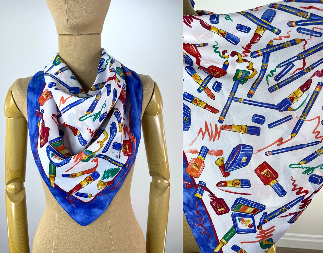 Vintage Avon Makeup Print Square Scarf With Royal Blue Border, Made in ...
