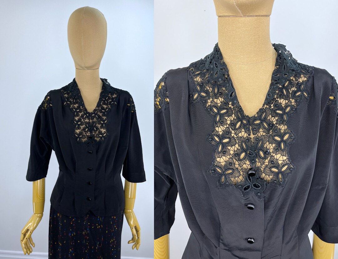 Vintage 1950s Black Faille and Lace Dolman Sleeve Blouse, Great Vintage ...