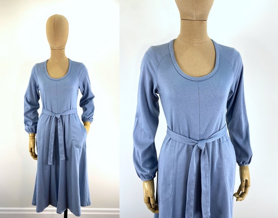 Vintage Late 1970s/Early 1980s Blue Knit Dress with B… - Gem