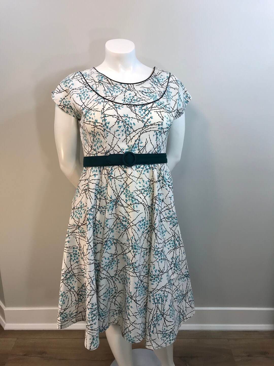 Vintage 1950s White Calico Dress With Blue and Brown Floral Pattern ...