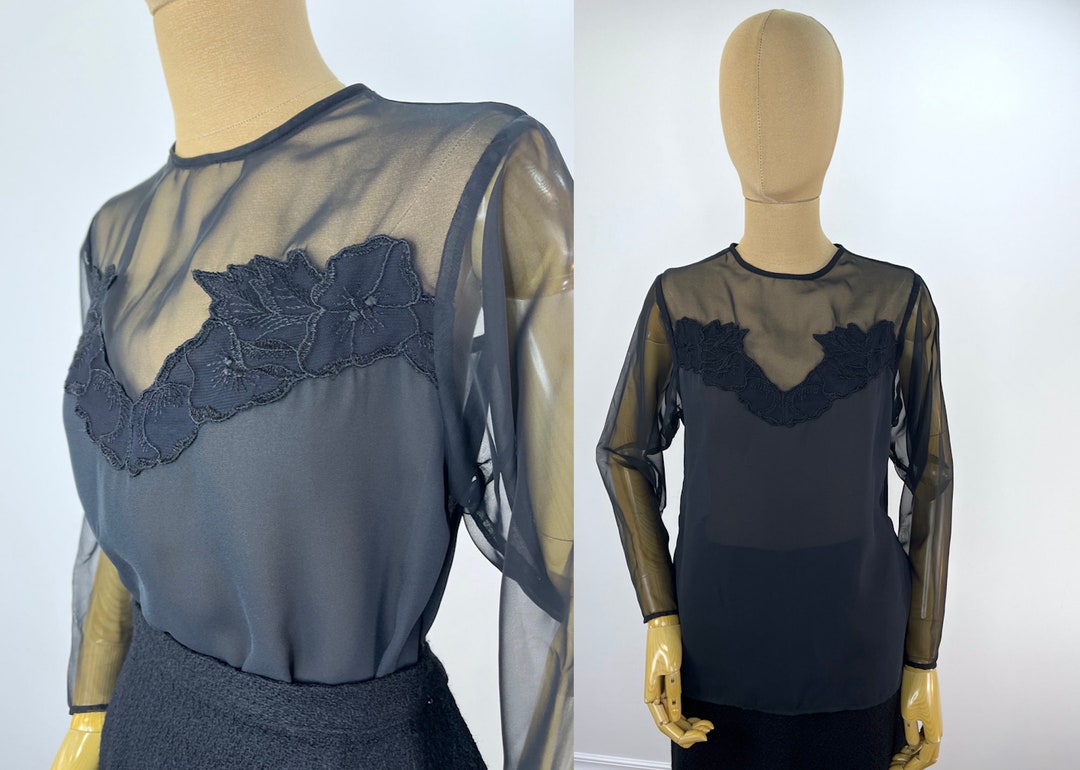 Vintage 1950s Black Chiffon Blouse With Embroidered Floral Appliqué ...