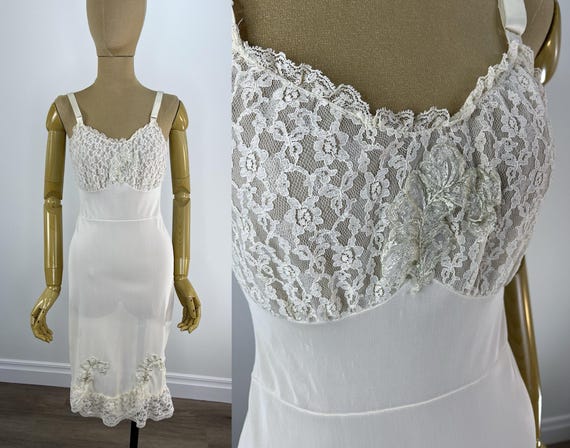 Vintage 1950s Ivory Nylon Slip with Lace Bodice and L… - Gem