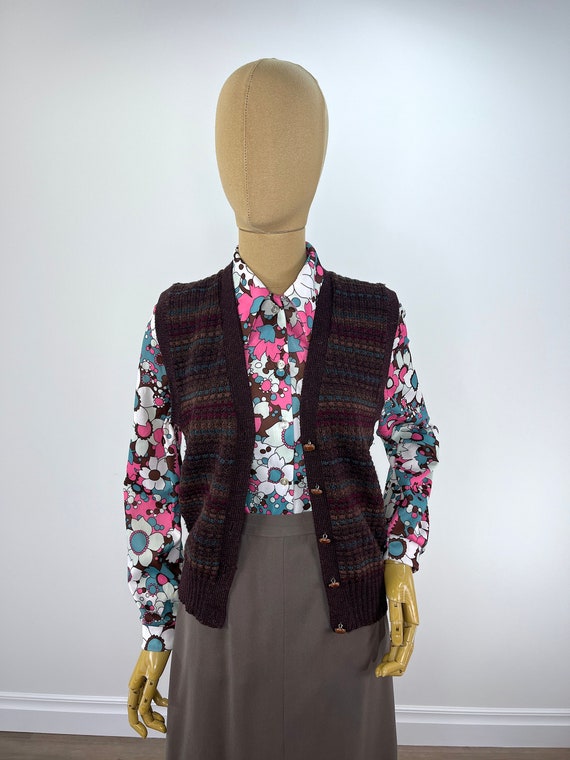 Vintage 1960s/1970s Brown Striped Knit Pure Wool Card… - Gem