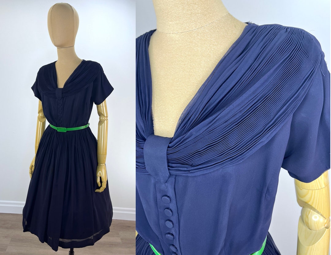 Vintage 1950s Navy Blue Fit and Flare Dress With Narrow Pleated ...