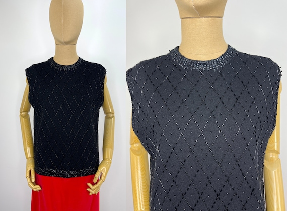Vintage 1950s Black Wool Shell with Hand Beaded and S… - Gem
