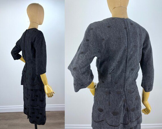 Vintage 1950s Charcoal Wool Secretary Dress with Tier… - Gem