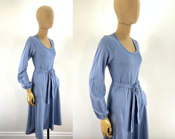 Vintage Late 1970s/Early 1980s Blue Knit Dress with B… - Gem
