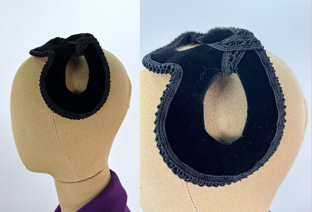 Vintage 1950s Black Velvet Cap With Cutouts and Wired Edge Trimmed in ...