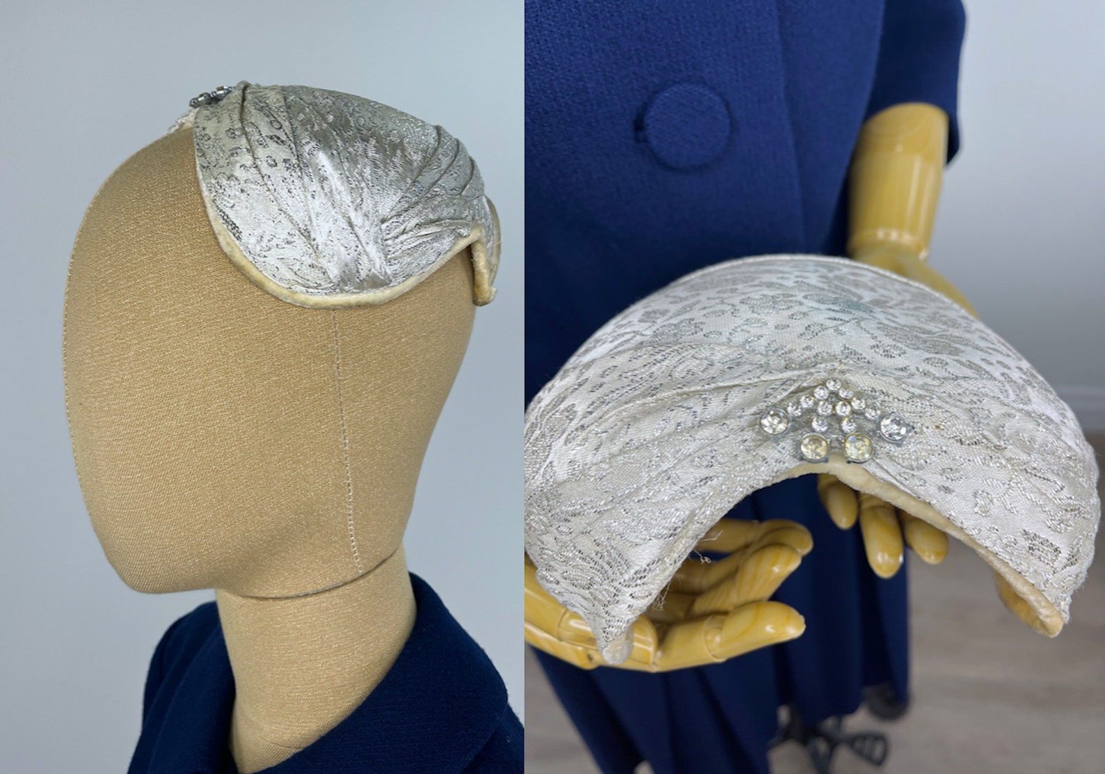 Vintage 1940s Silver Brocade Bridal Hat With Rhinestone Deco. 1940s ...