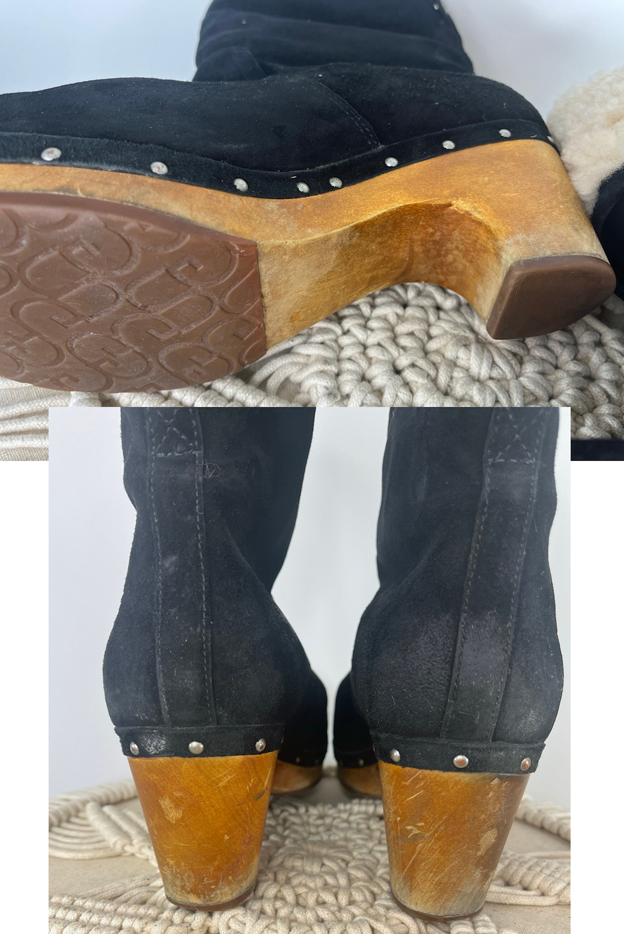 Vintage Black Suede UGG Clog Ankle Boots with Ivory Sheepskin Shearling Lining Size 9