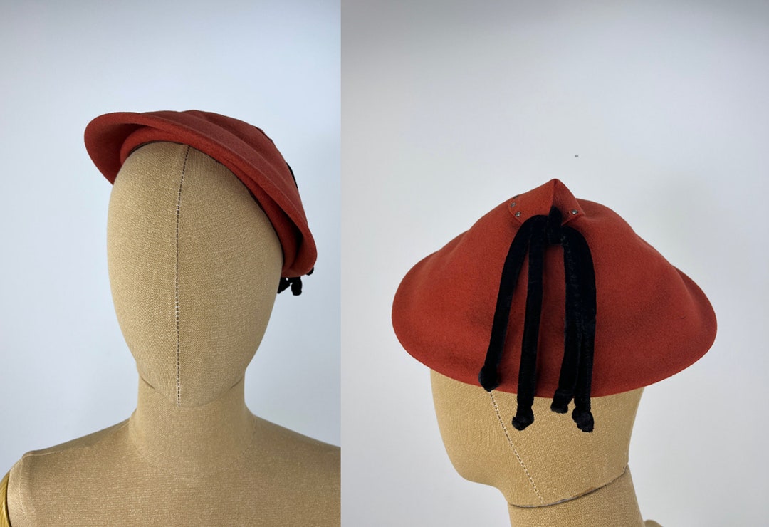 Vintage 1940s/1050s Rust Colored Wool Felt Coolie Hat With Black Velvet ...