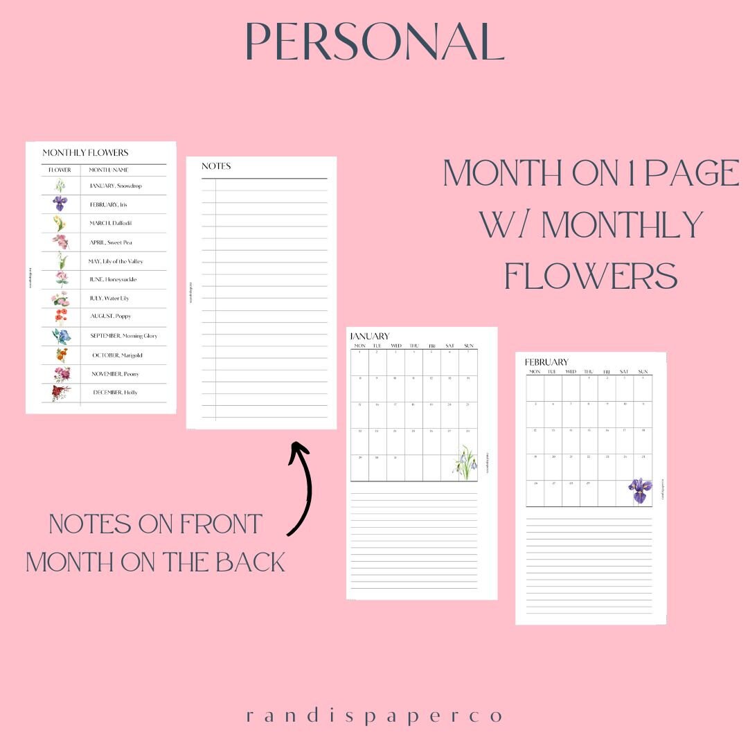 PRINTABLE Month on 1 Page Inserts With Monthly Flowers | Monthly ...