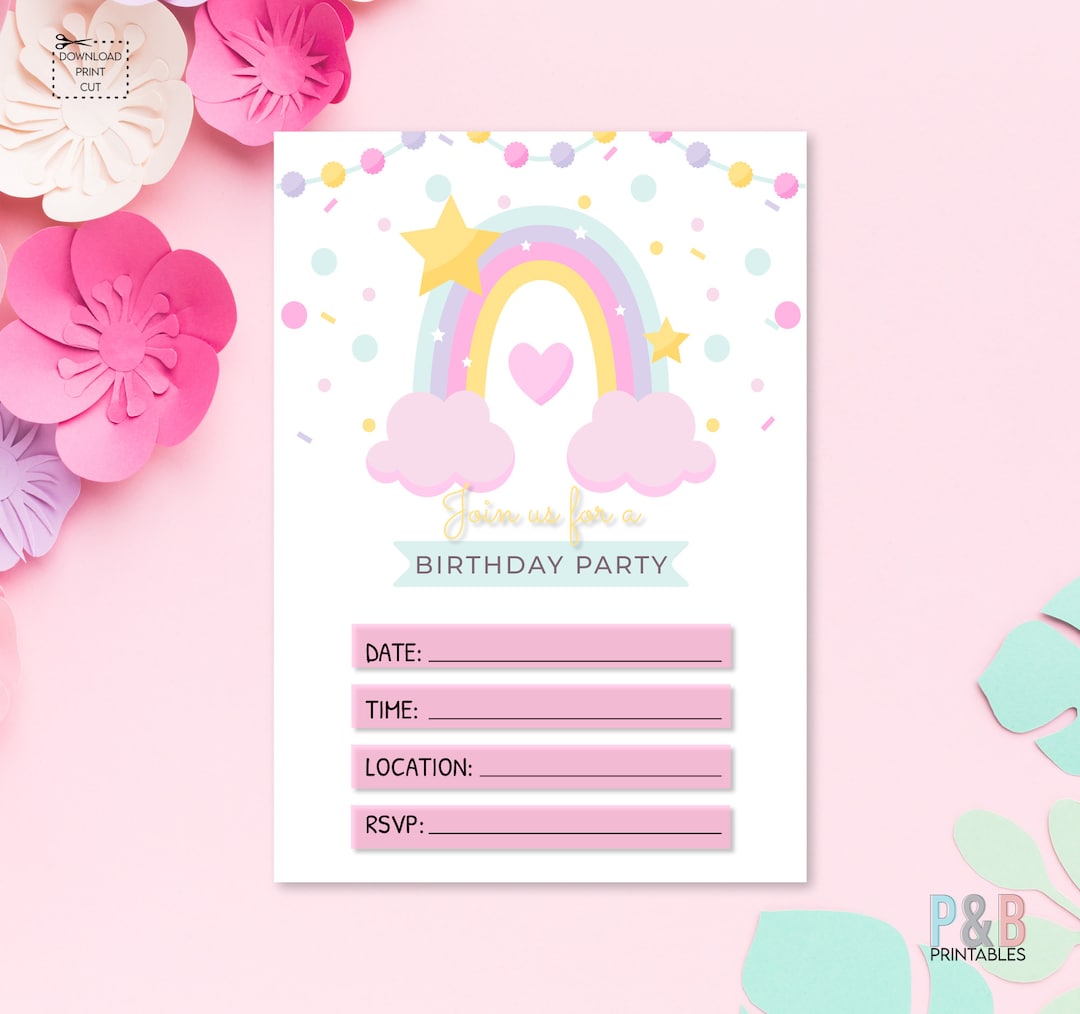 Pink Rainbow Blank Invite, Fill in the Blanks, Birthday Party ...