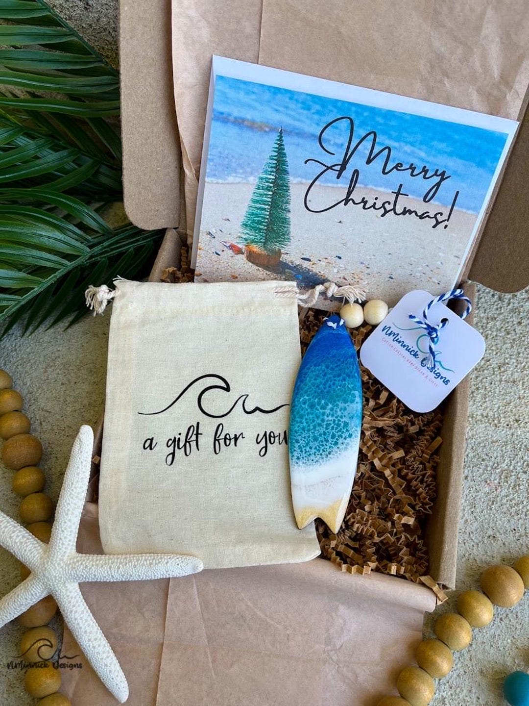 Surfboard Ornament Gift Box With Handmade Muslin Bag and Custom Card ...