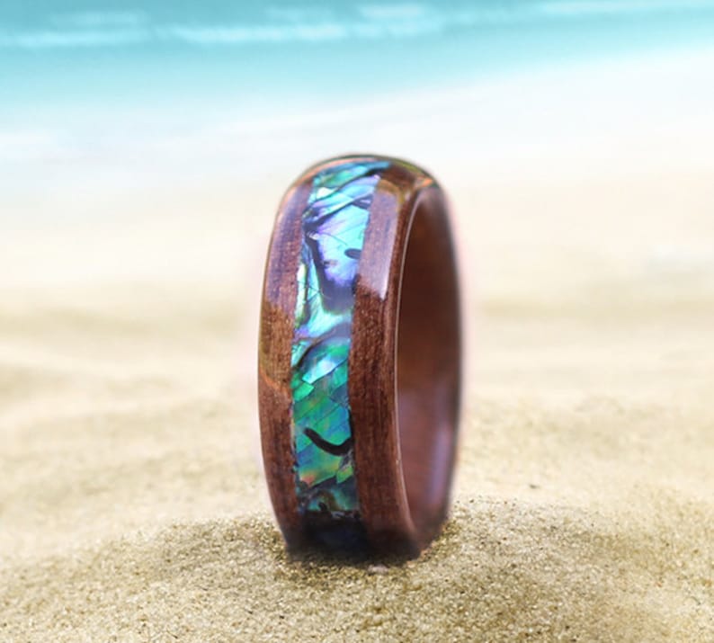 Walnut Wood Ring With Blue Abalone Inlay Wooden Ring With - Etsy