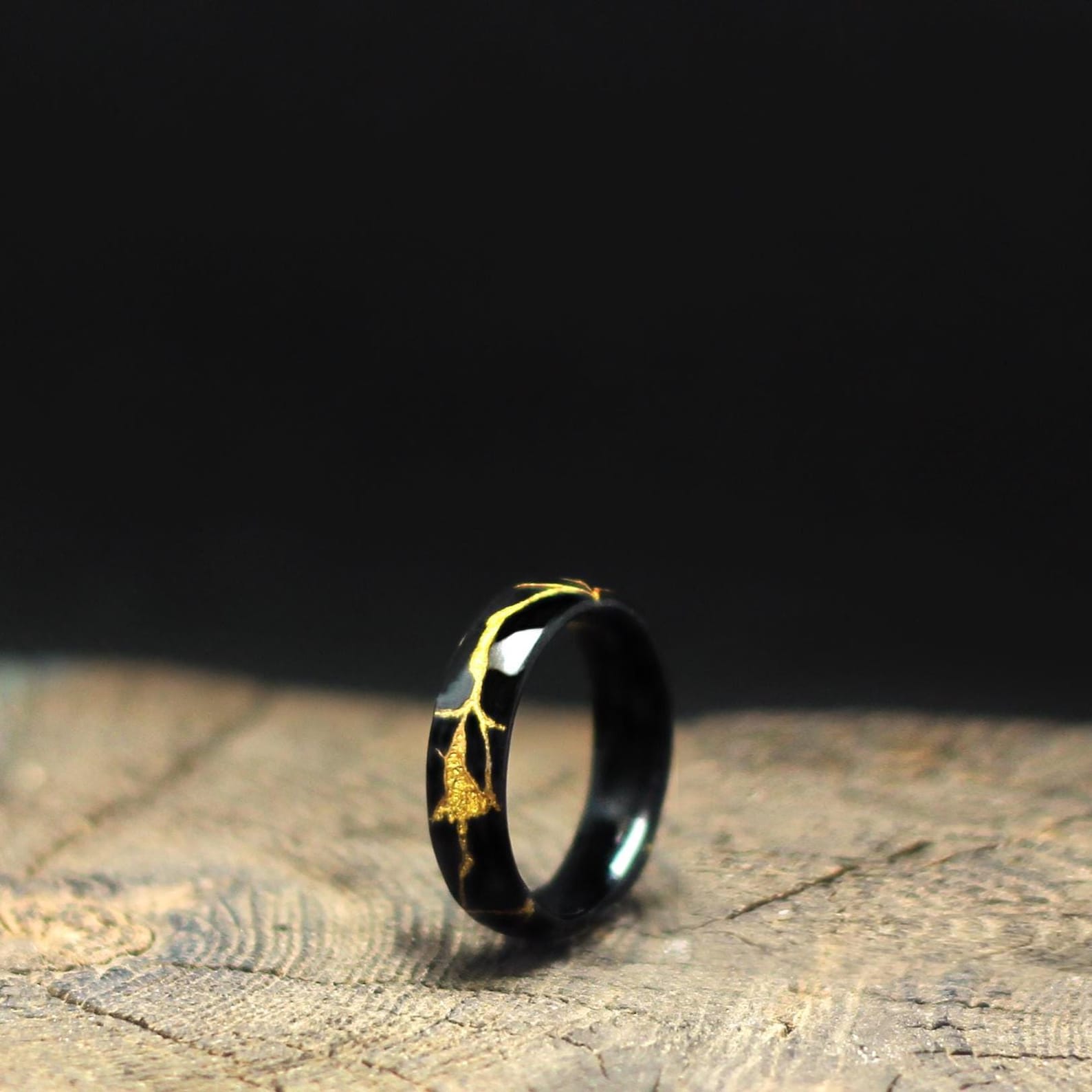 Kintsugi Gold Powder & Ebony Wooden Ring - Narrow Version - Etsy
