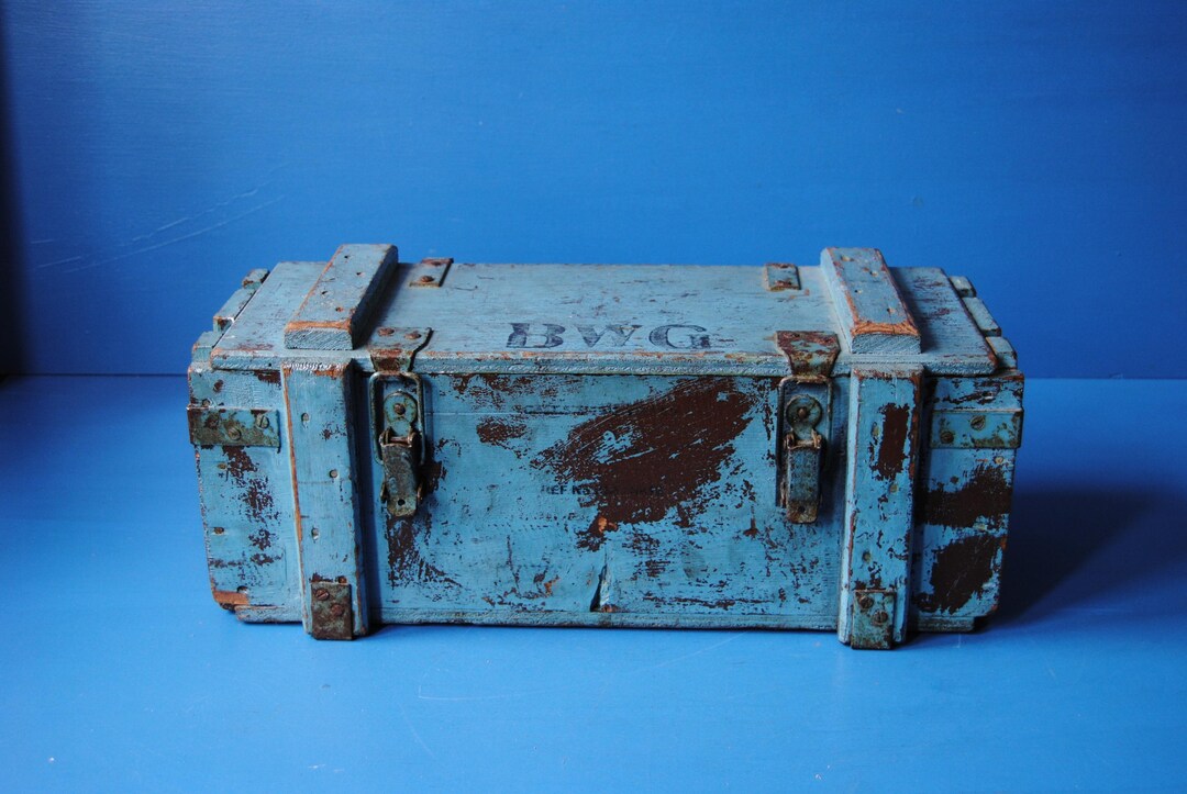 Vintage Industrial Wooden Crate Ammo Box Storage Coffee Table With Blue ...