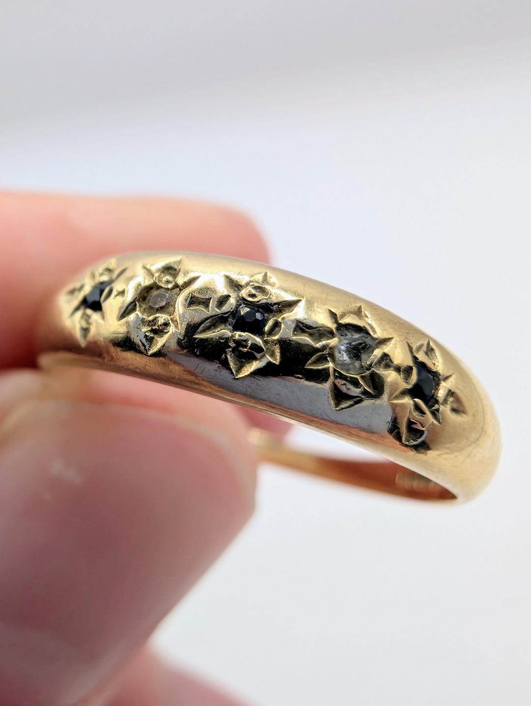 Sapphire Starburst Setting Vintage Wedding Band Ring 9ct Yellow Gold ...